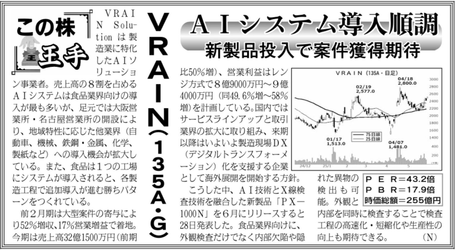 日本証券新聞に当社記事が掲載されました | 株式会社 VRAIN Solution